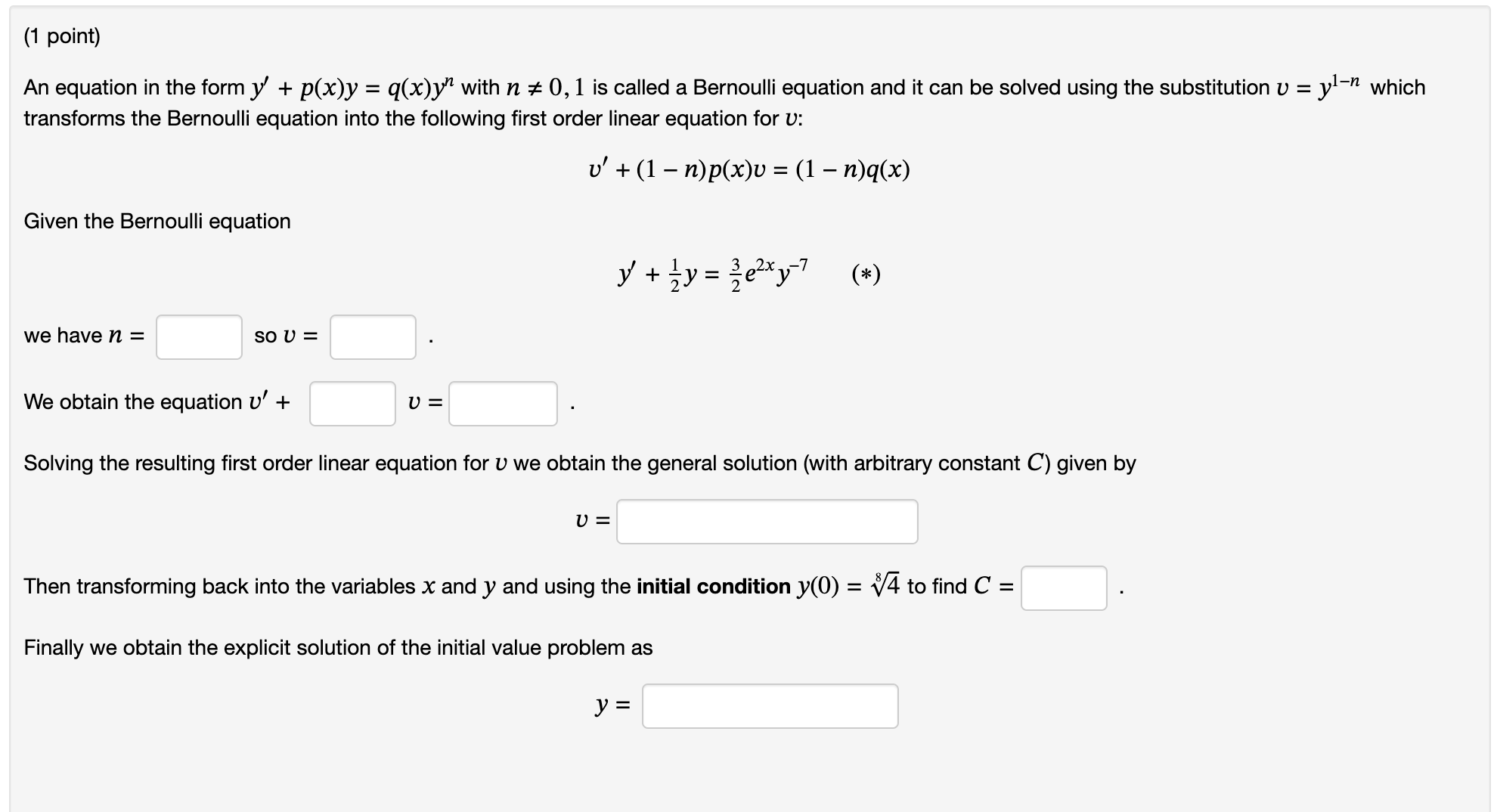 Solved (1 ﻿point)An equation in the form y'+p(x)y=q(x)yn | Chegg.com