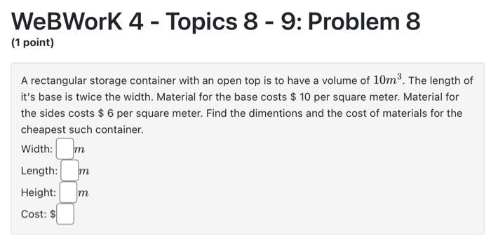 Solved WeBWork 4 - Topics 8 - 9: Problem 8 (1 point) A | Chegg.com