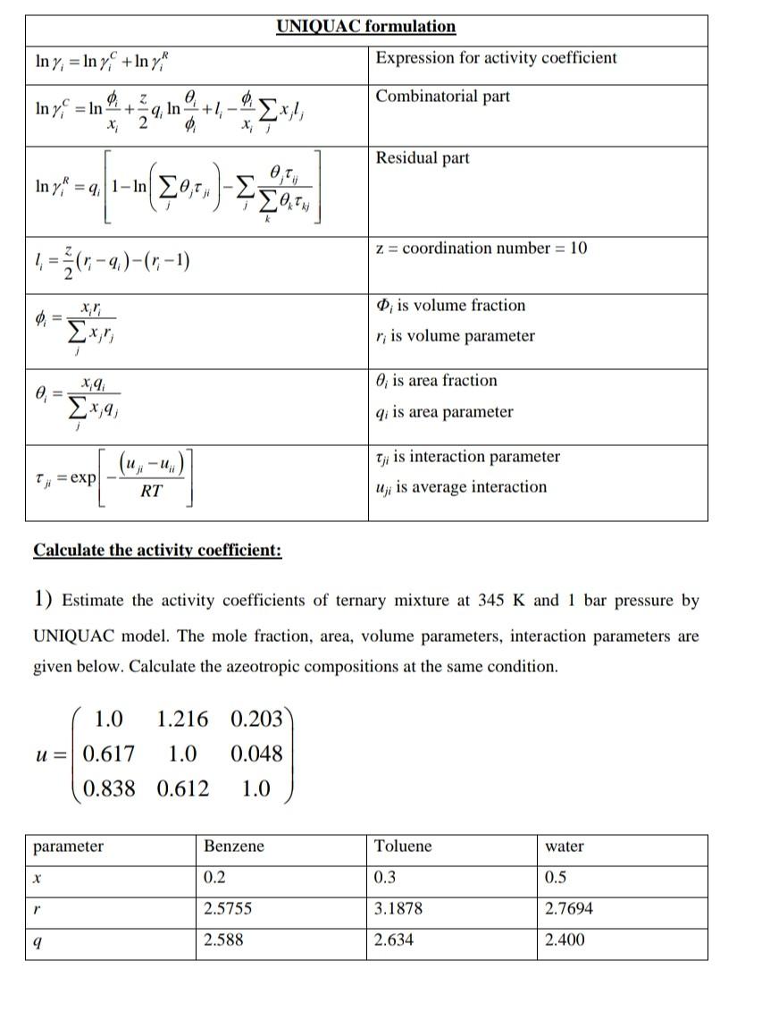 Solved UNIQUAC formulation Expression for activity | Chegg.com