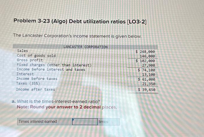 Solved Problem 3-23 (Algo) Debt utilization ratios [LO3-2] | Chegg.com