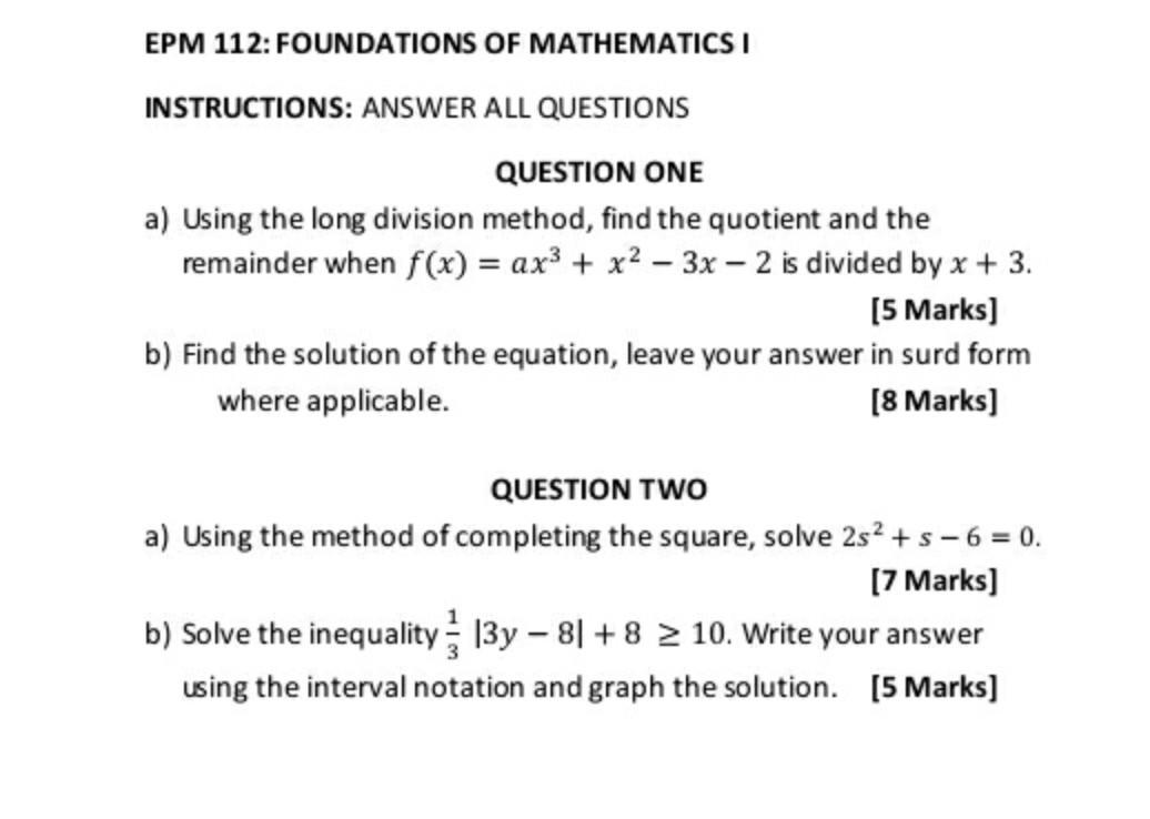 Solved EPM 112: FOUNDATIONS OF MATHEMATICS I INSTRUCTIONS: | Chegg.com