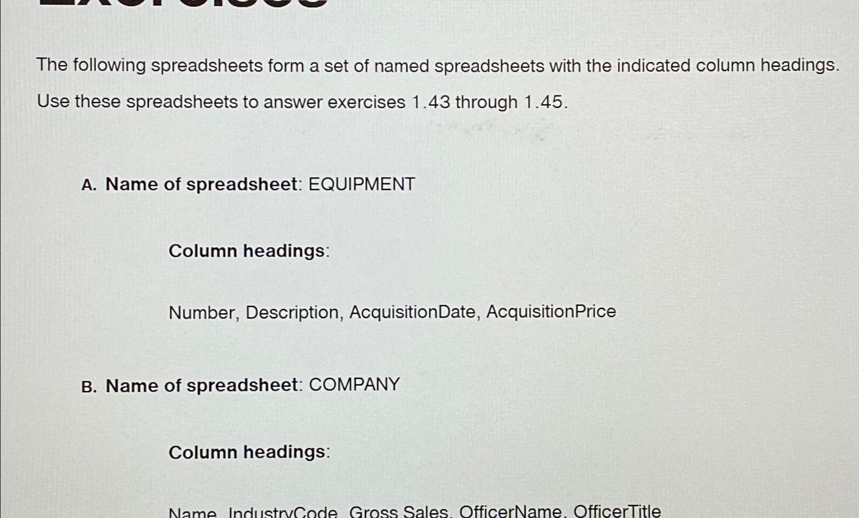 Solved The following spreadsheets form a set of named | Chegg.com