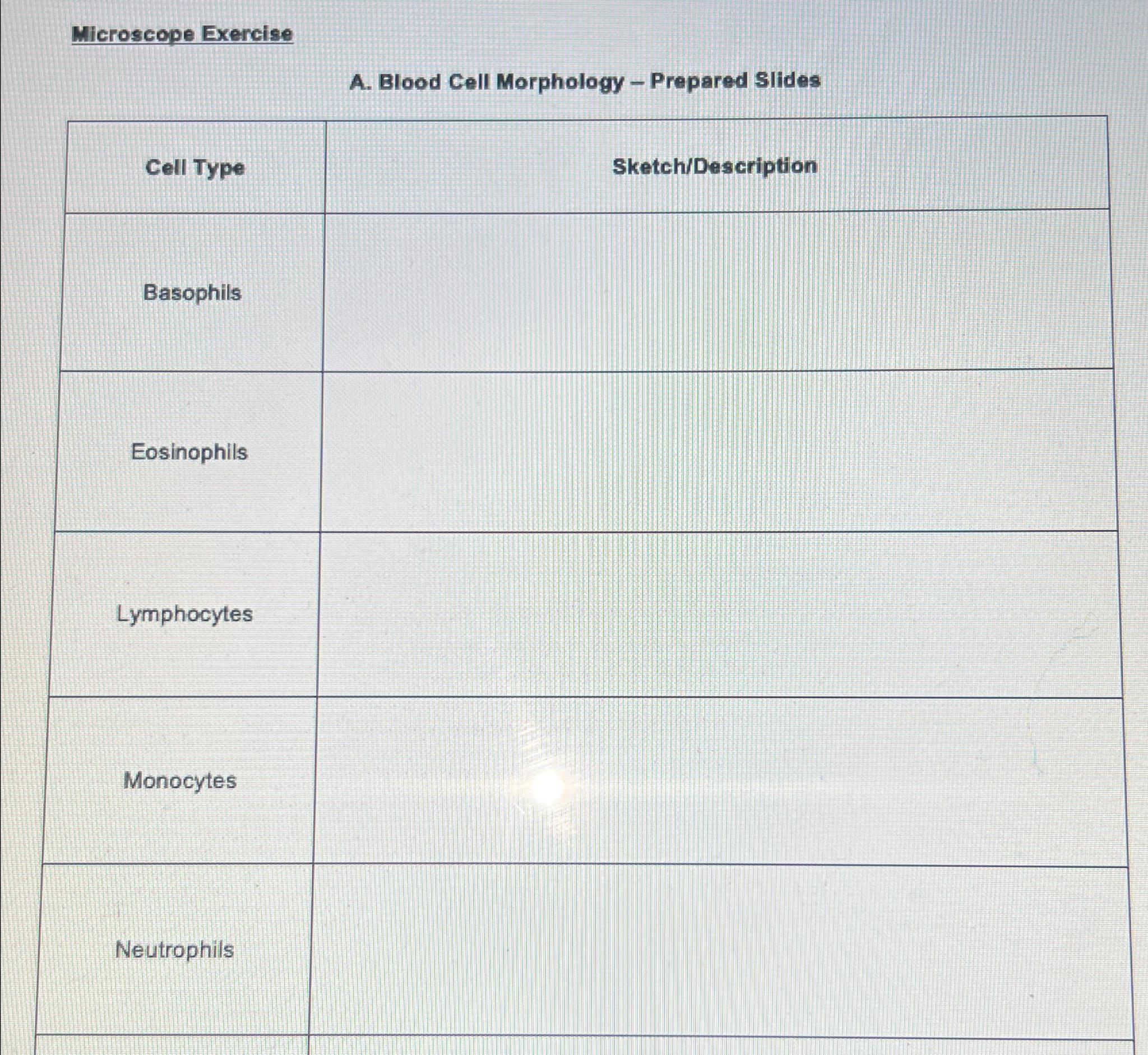 Solved Microscope ExerciseA. ﻿Blood Cell Morphology - | Chegg.com