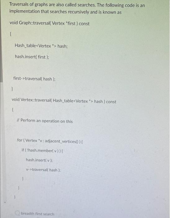 Solved Traversals of graphs are also called searches. The | Chegg.com