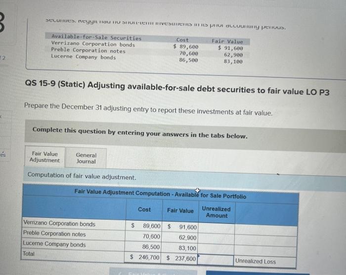 Solved QS 15-9 (Static) Adjusting available-for-sale debt | Chegg.com