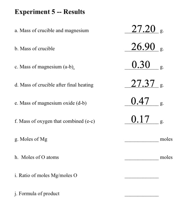 Solved Experiment 5 -- Results a. Mass of crucible and | Chegg.com