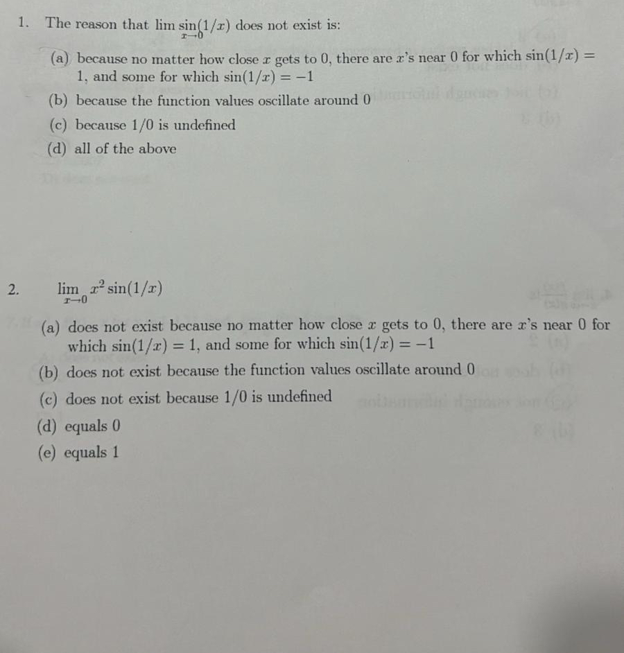 Solved The reason that lim?sinx→0(1x) ﻿does not exist is:(a) | Chegg.com