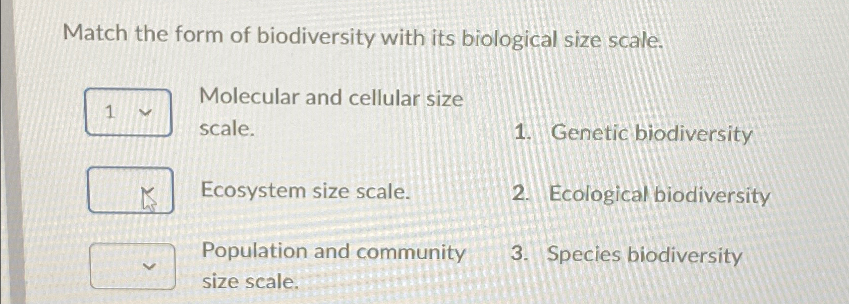 Solved Match the form of biodiversity with its biological | Chegg.com