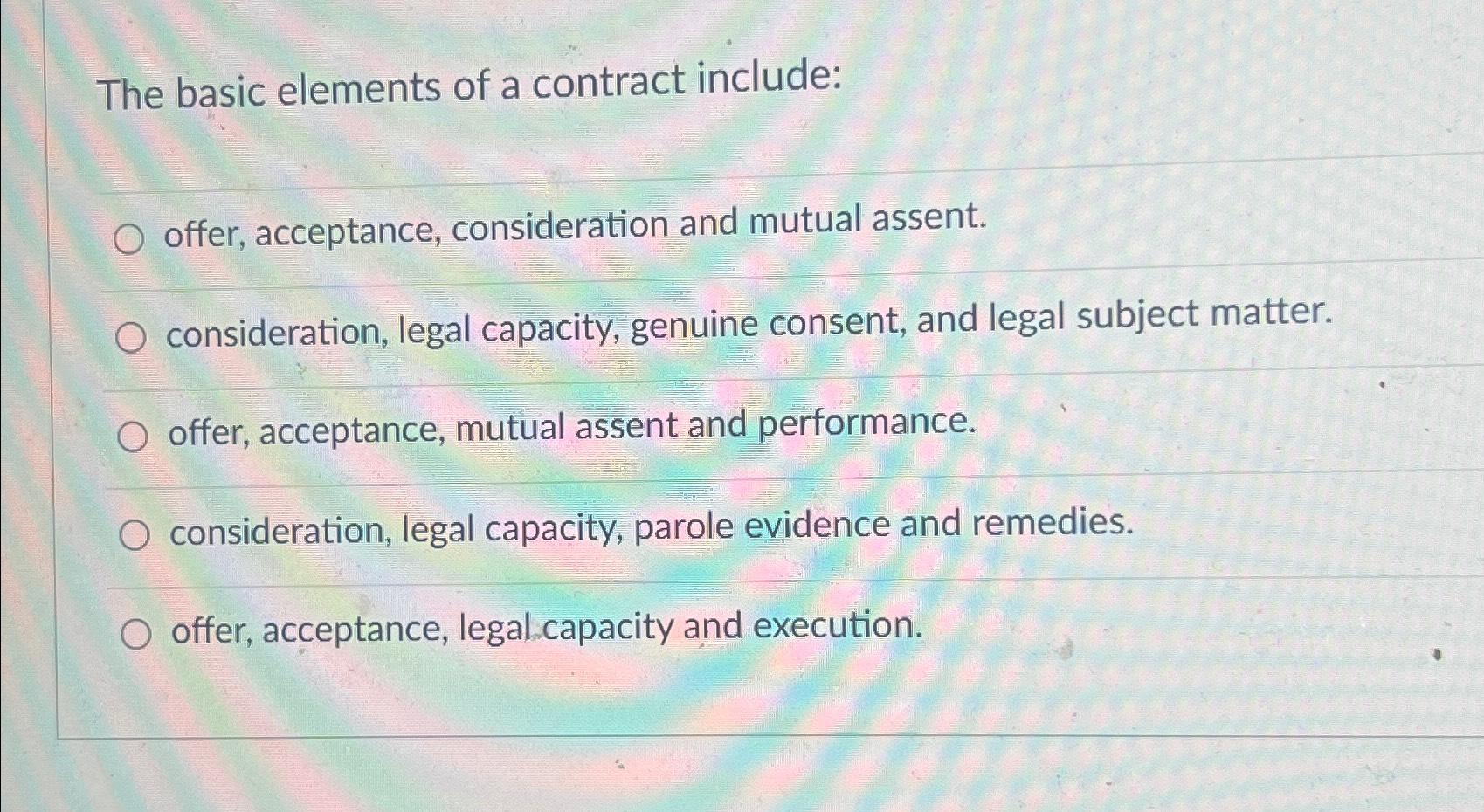 Solved The basic elements of a contract include:offer, | Chegg.com