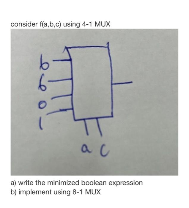Solved consider f(a,b,c) using 4-1 MUX a) write the | Chegg.com