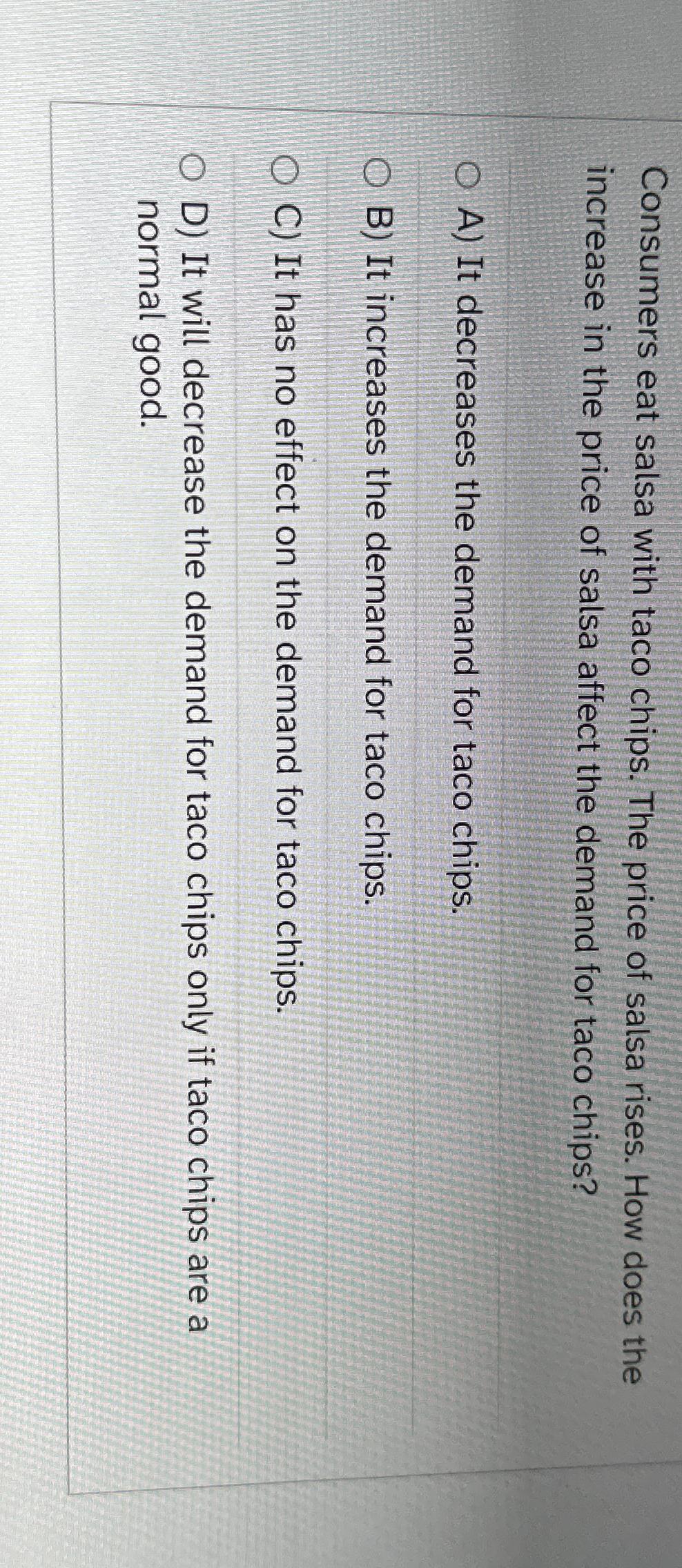 Solved Consumers eat salsa with taco chips. The price of | Chegg.com