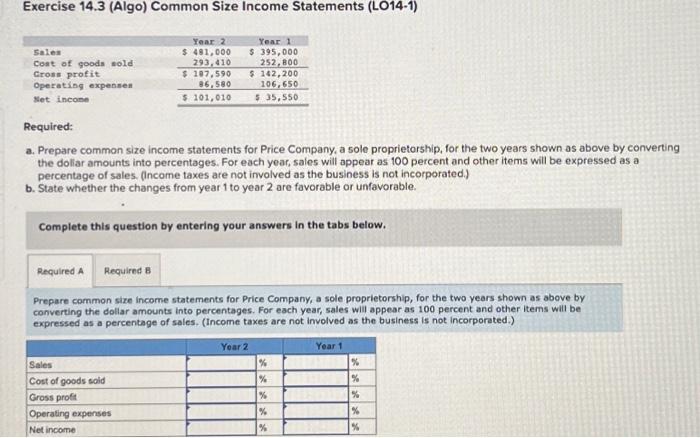 Solved Exercise 14.3 (Algo) Common Size Income Statements | Chegg.com