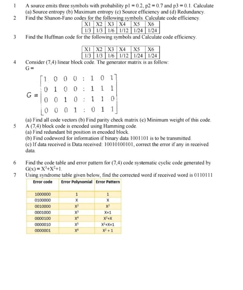 Solved 1 A source emits three symbols with probability | Chegg.com