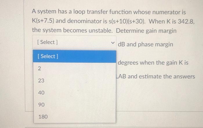Solved A system has a loop transfer function whose numerator | Chegg.com