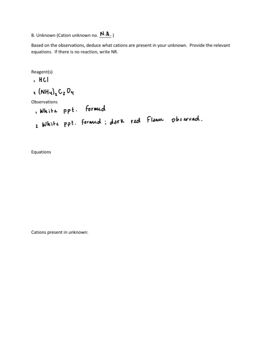 Solved B. Unknown (Cation unknown no. N.A.) Based on the | Chegg.com