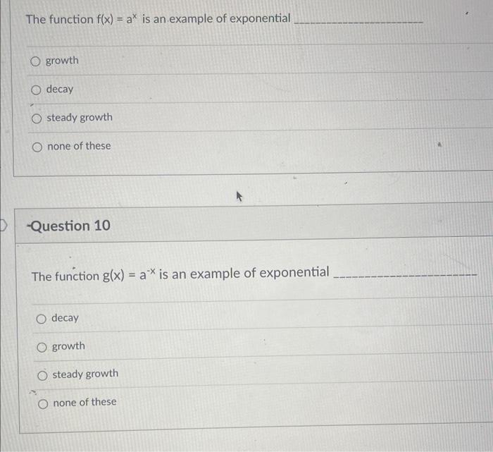 Solved The function f(x)=ax is an example of exponential | Chegg.com