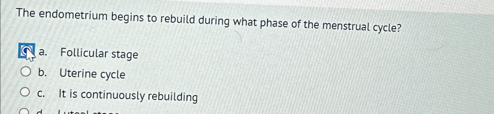 Solved The endometrium begins to rebuild during what phase | Chegg.com