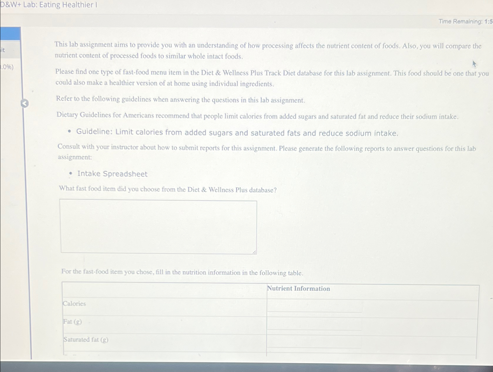 Solved D&W+ Lab: Eating Healthier I\\nTime Remaining: | Chegg.com