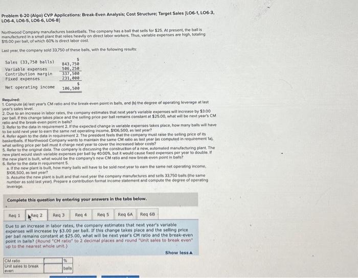 Solved Problem 6-20 (Algo) CVP Applications: Break-Even | Chegg.com