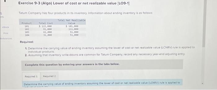 Solved Exercise 9-3 (Algo) Lower of cost or net realizable | Chegg.com
