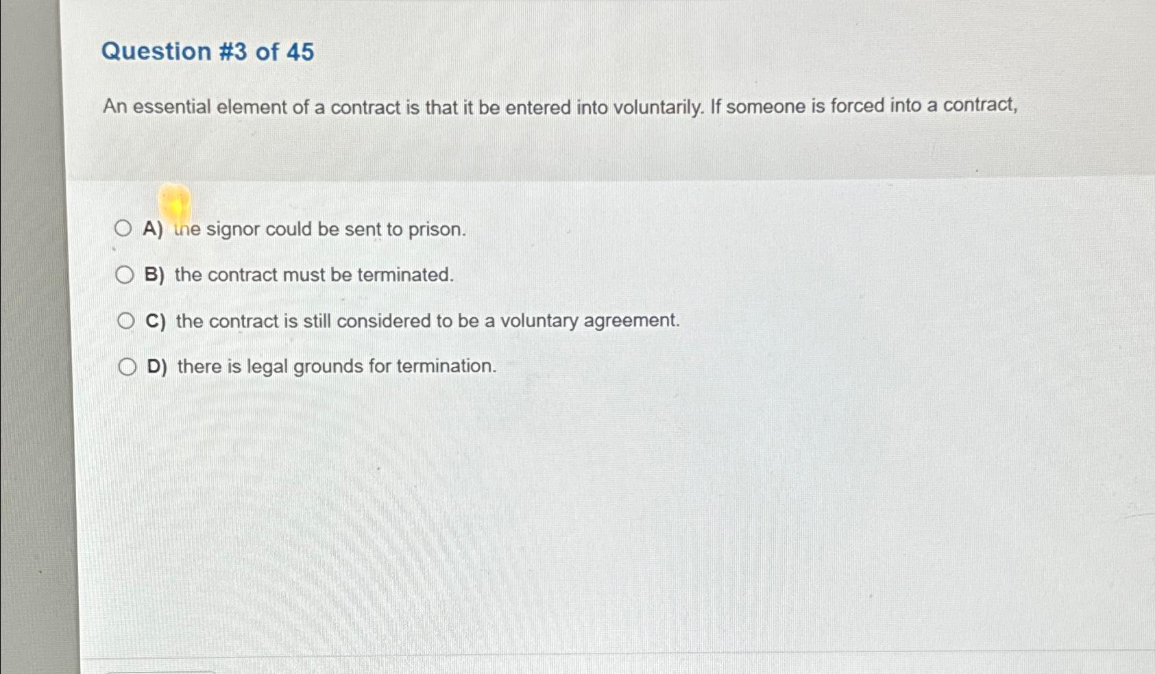 Solved Question #3 ﻿of 45An essential element of a contract | Chegg.com