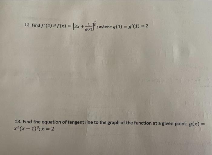 Solved 3 12. Find f'(1) if f(x) = [3x + where g(1) = g(1) = | Chegg.com