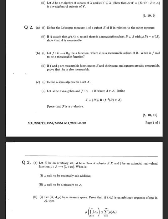 Solved (ii) Let A be a o-algebra of subsets of X and let YC | Chegg.com