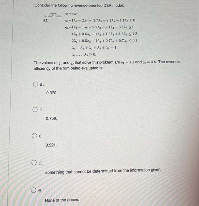 Solved Consider the following revenue-oriented DEA model: | Chegg.com