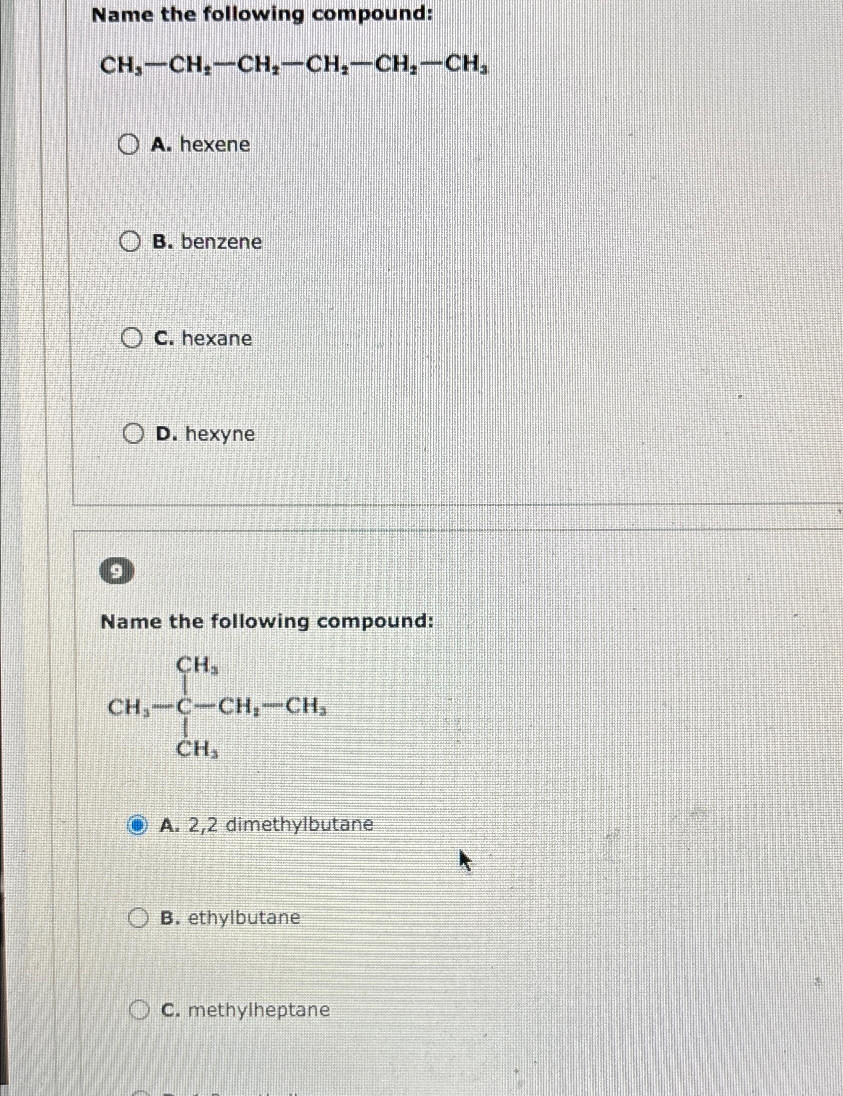 Solved Name the following compound:CH3-CH2-CH2-CH2-CH2-CH3A. | Chegg.com