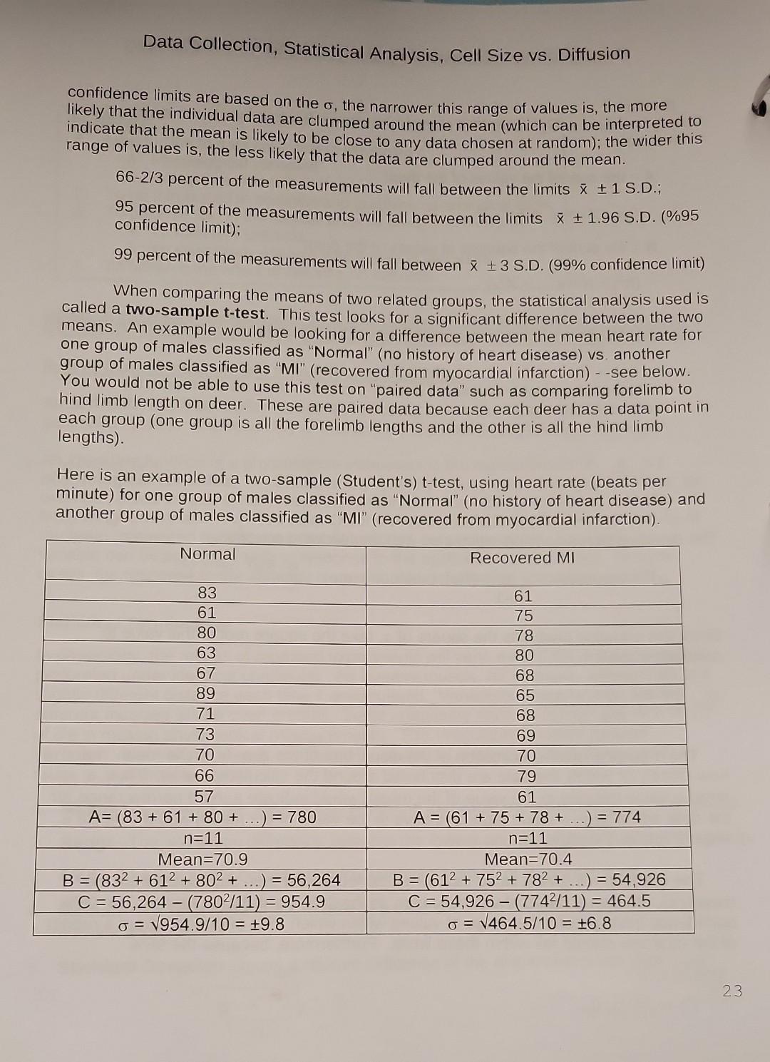Solved Data Collection, Statistical Analysis, Cell Size vs. | Chegg.com