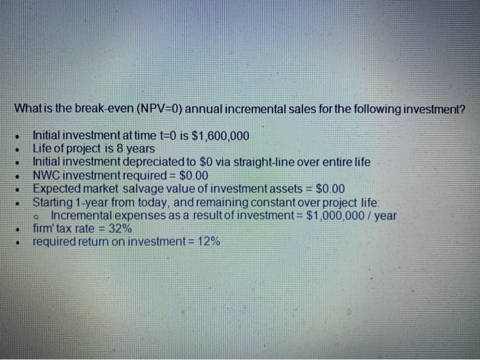 Solved What is the break-even (NPV=0) annual incremental | Chegg.com