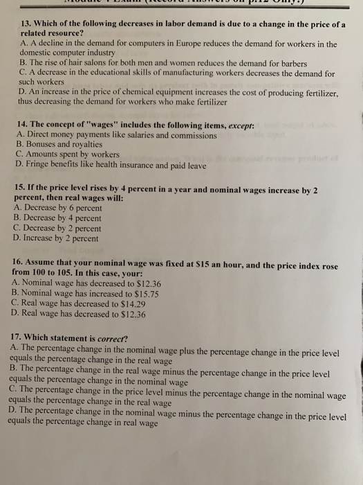 Solved 13. Which of the following decreases in labor demand | Chegg.com