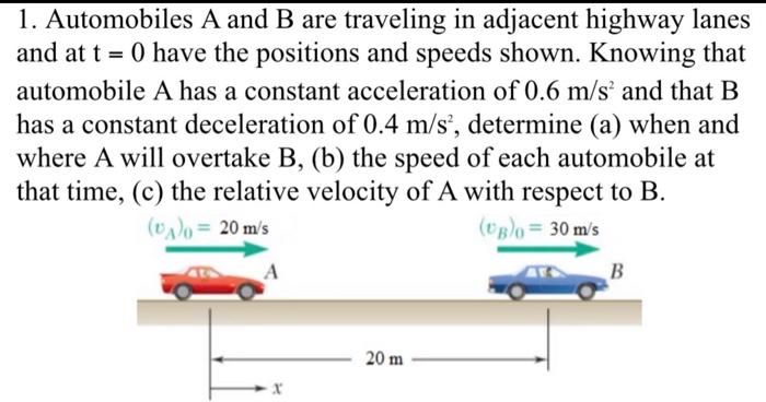 Solved = 1. Automobiles A and B are traveling in adjacent | Chegg.com