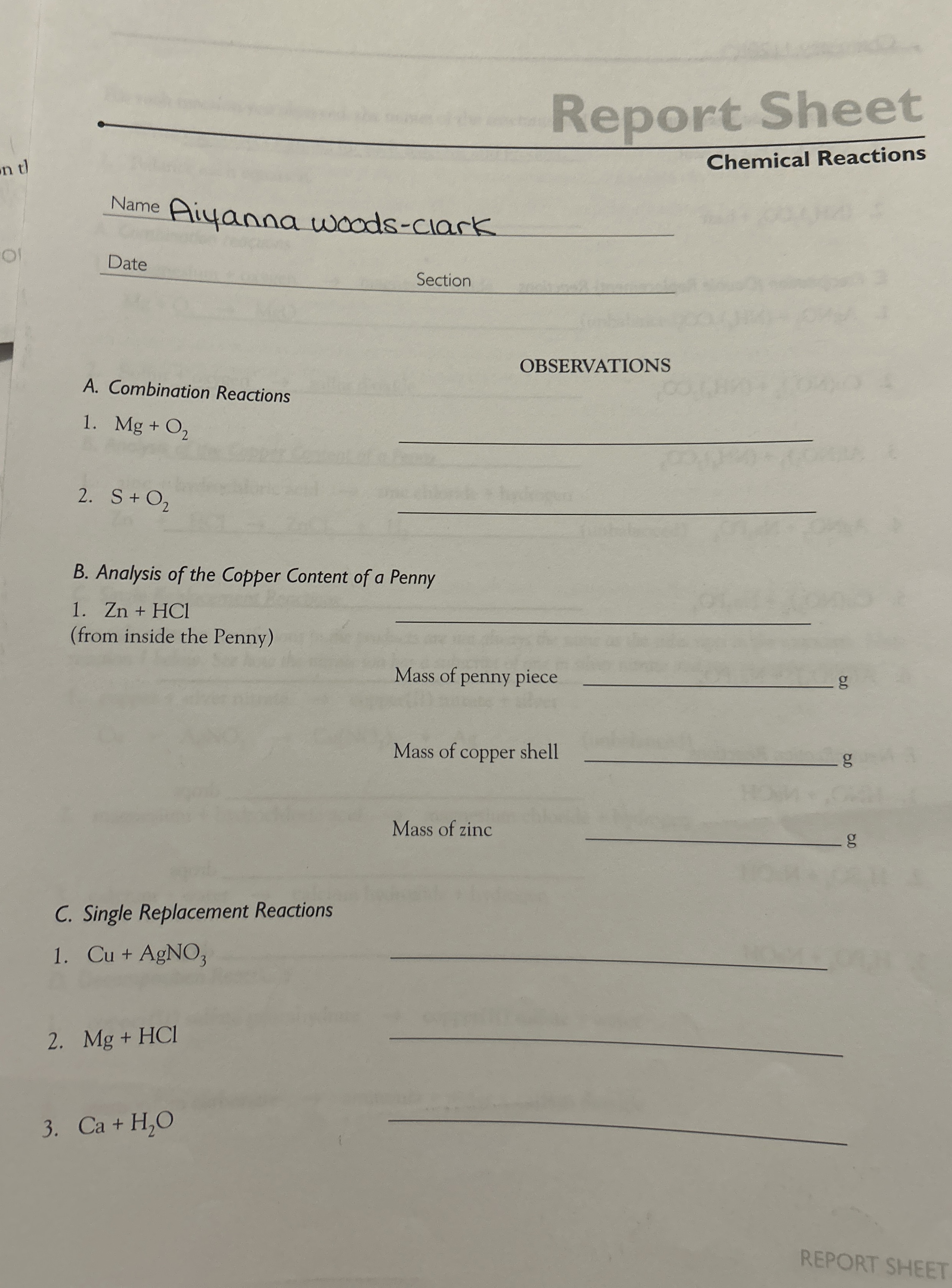 Solved Report Sheet Chemical Reactions Chemical | Chegg.com