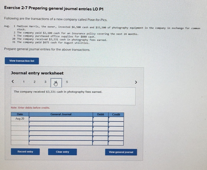 Solved Exercise 2-7 Preparing general journal entries LO P1 | Chegg.com