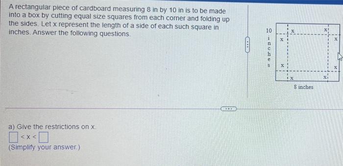 Solved A rectangular piece of cardboard measuring 8 in by 10 | Chegg.com