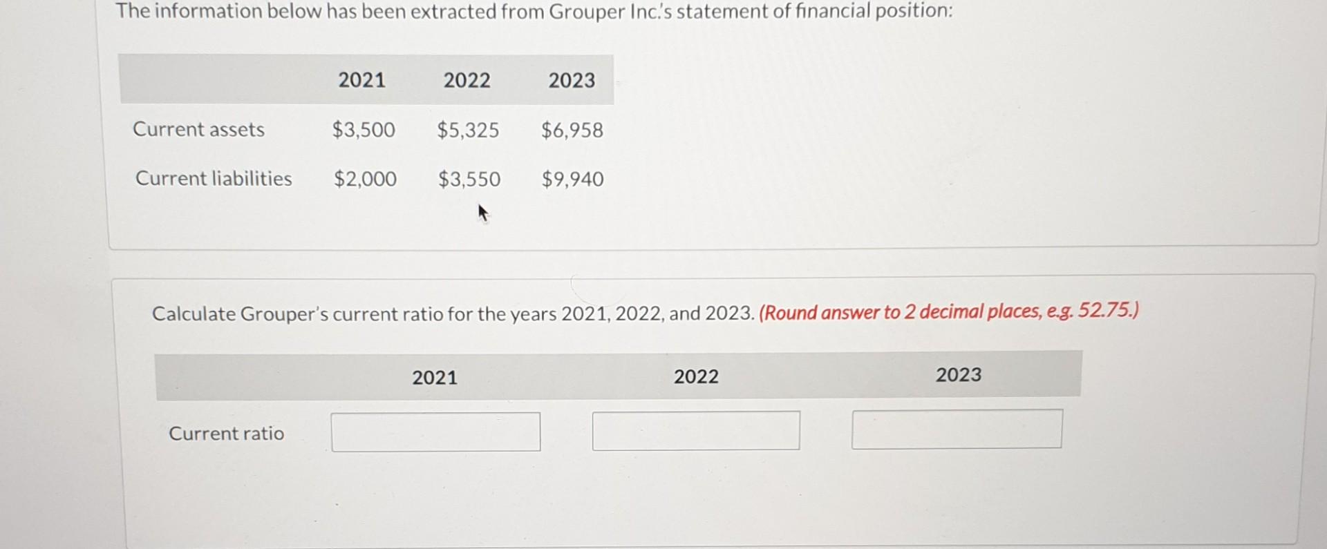 Solved Calculate Grouper's current ratio for the years 2021, | Chegg.com