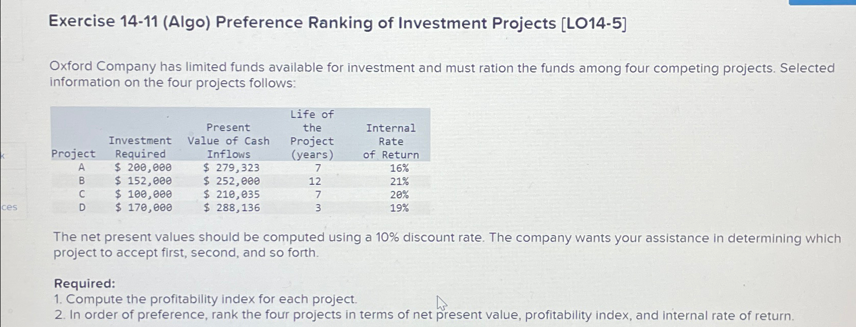 Solved Exercise 14-11 (Algo) ﻿Preference Ranking of | Chegg.com
