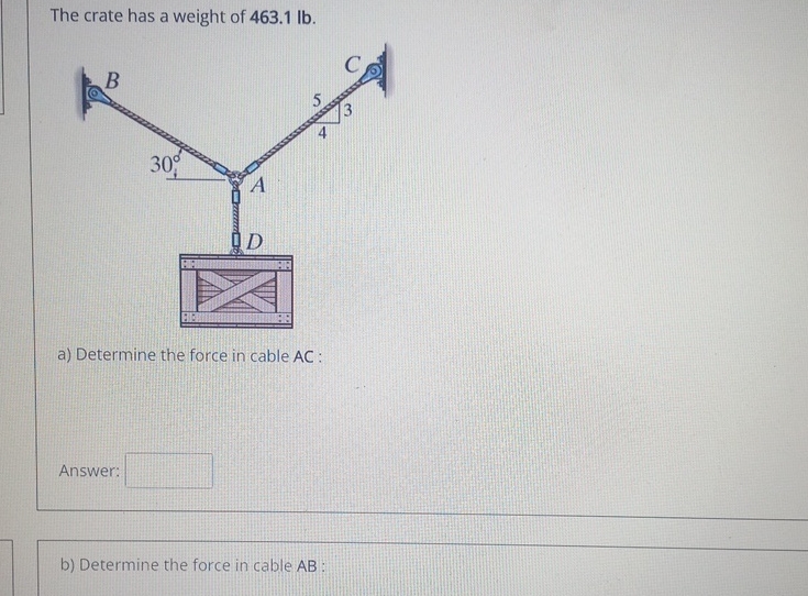 Solved The crate has a weight of 463.1lb.a) ﻿Determine the | Chegg.com