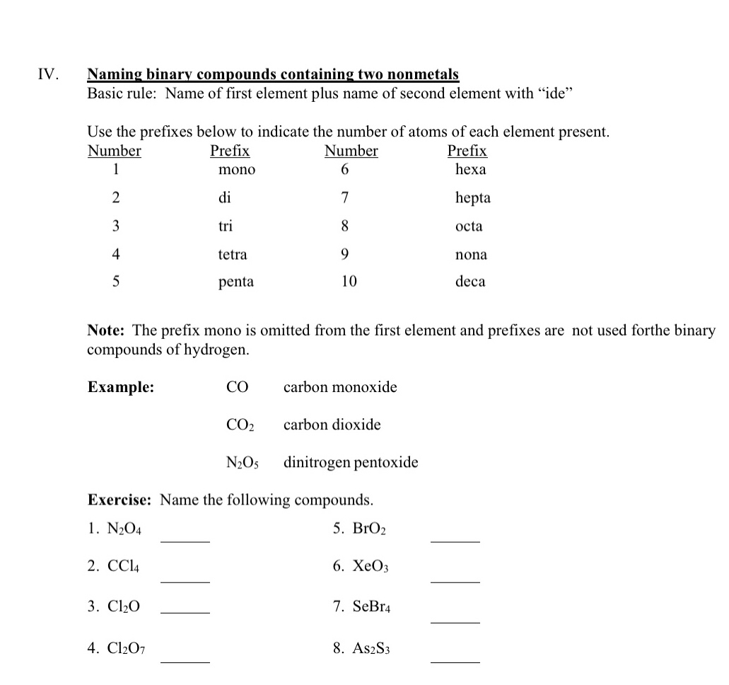 Solved IV. ﻿Naming binary compounds containing two | Chegg.com