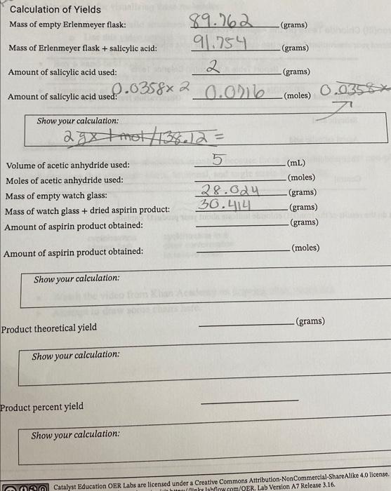 Solved (grams) Calculation of Yields Mass of empty | Chegg.com