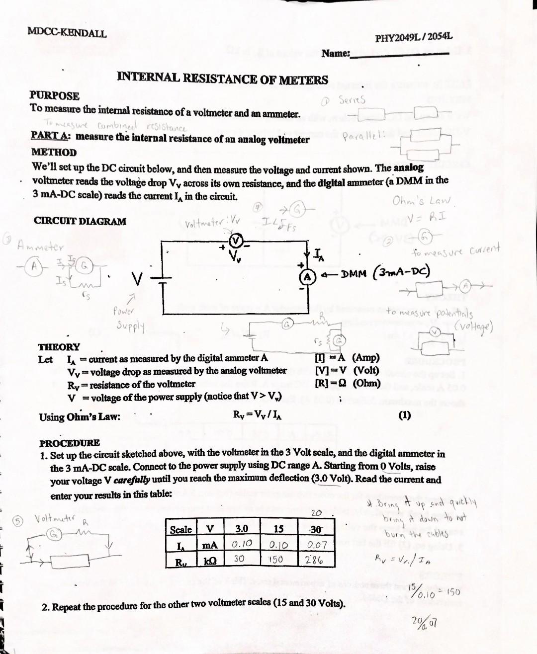 Solved MDCC-KENDALL PHY2049L / 2054L INTERNAL RESISTANCE OF | Chegg.com