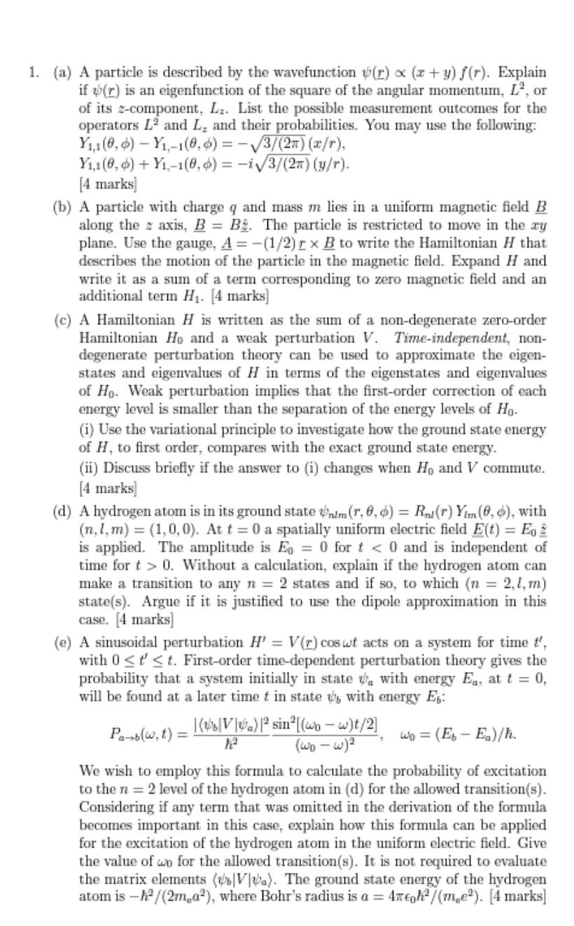 Solved 1 A A Particle Is Described By The Wavefunction