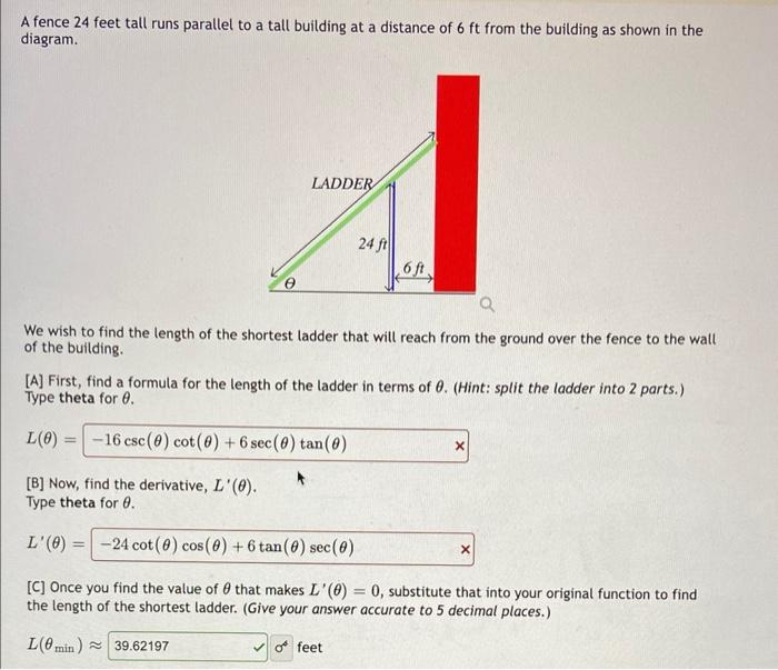 Solved A fence 24 feet tall runs parallel to a tall building | Chegg.com