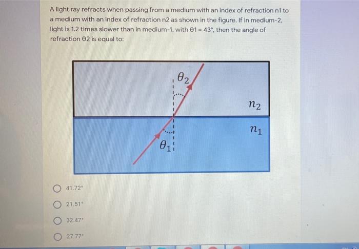 Solved A light ray refracts when passing from a medium with | Chegg.com