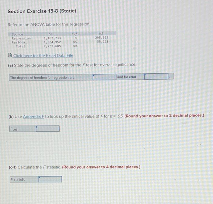 Solved Section Exercise 13-8 (Static) Refer to the ANOVA | Chegg.com