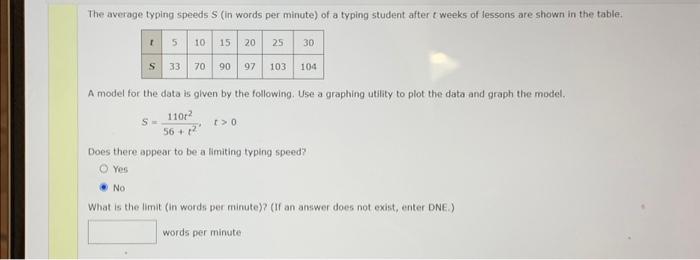 Solved The average typing speeds S (in words per minute) of | Chegg.com