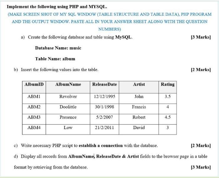 Solved Implement the following using PHP and MYSQL. (MAKE | Chegg.com
