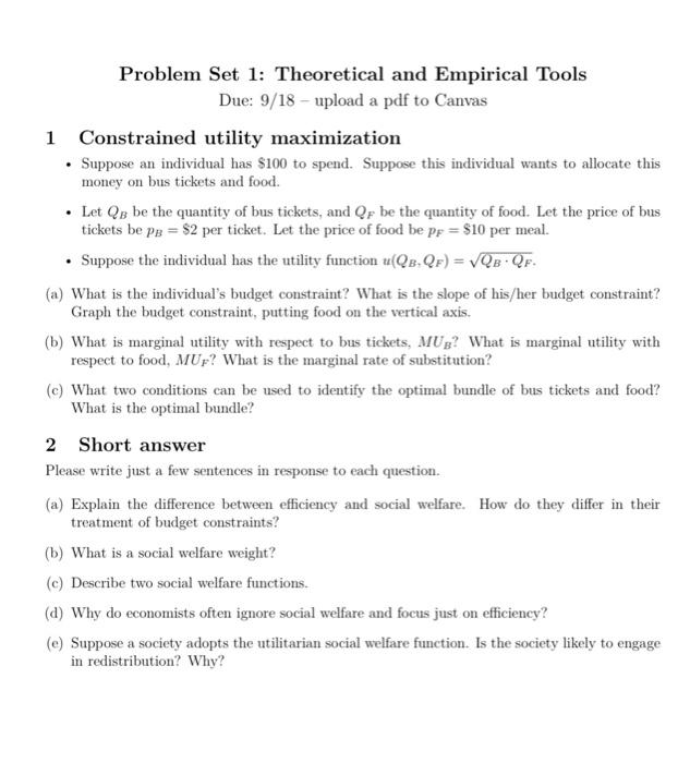 Solved Problem Set 1: Theoretical and Empirical Tools Due: | Chegg.com