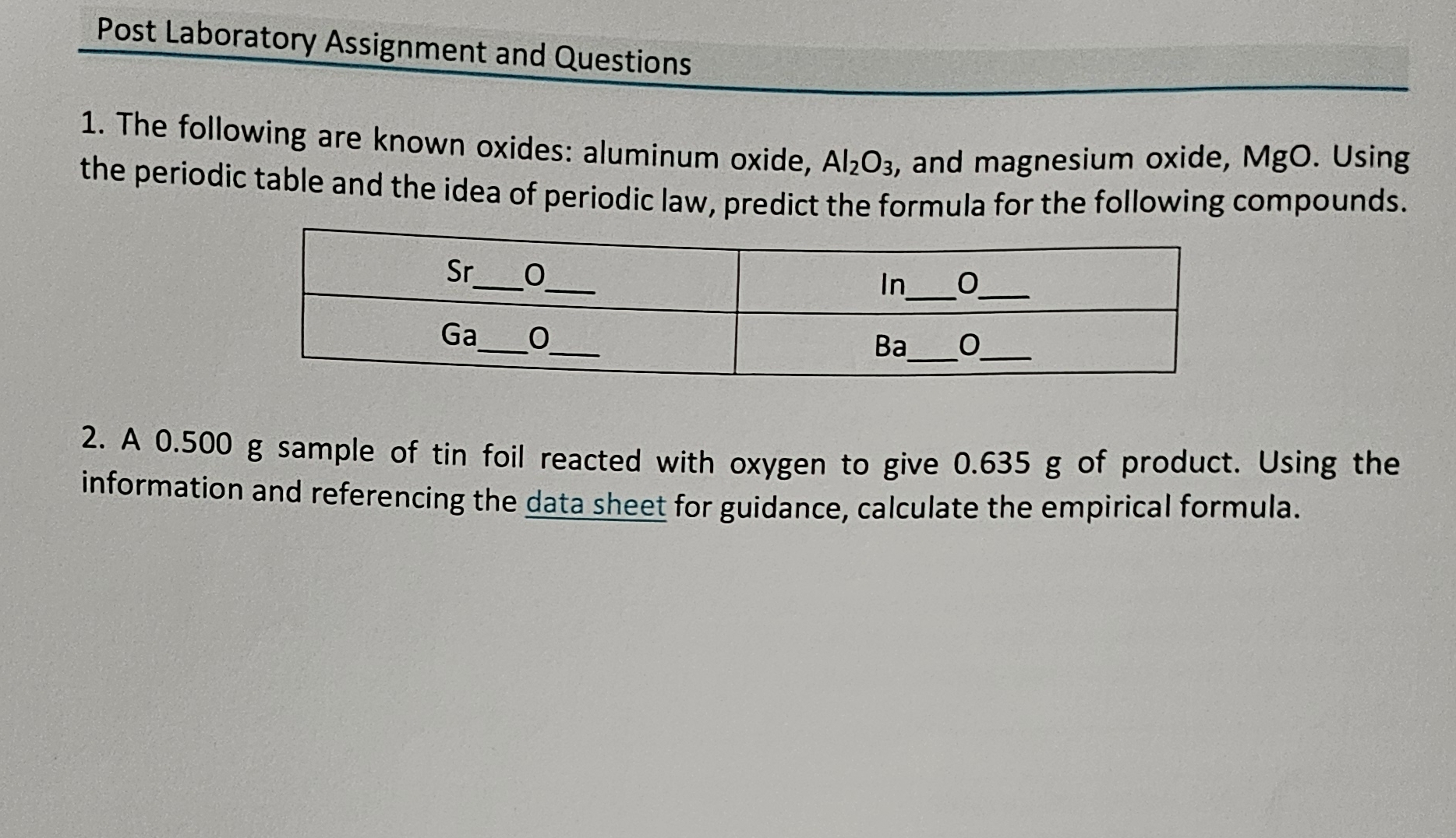 Solved by an EXPERT Post Laboratory Assignment and QuestionsThe following | Chegg.com